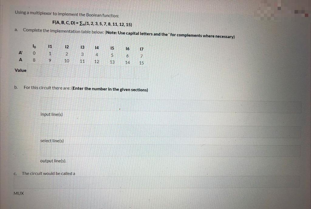 Solved Using a multiplexor to implement the Boolean | Chegg.com