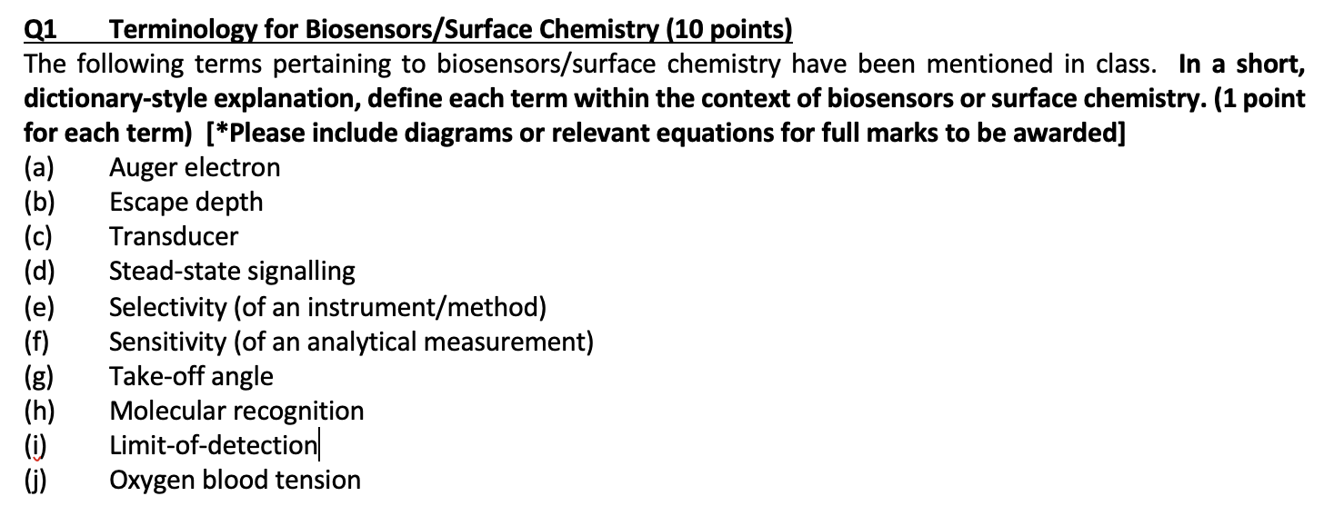 Solved Q1 Terminology for Biosensors/Surface Chemistry (10 | Chegg.com