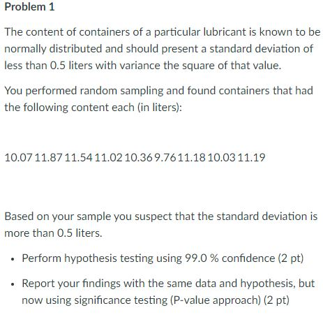 Solved Problem 1 The content of containers of a particular | Chegg.com
