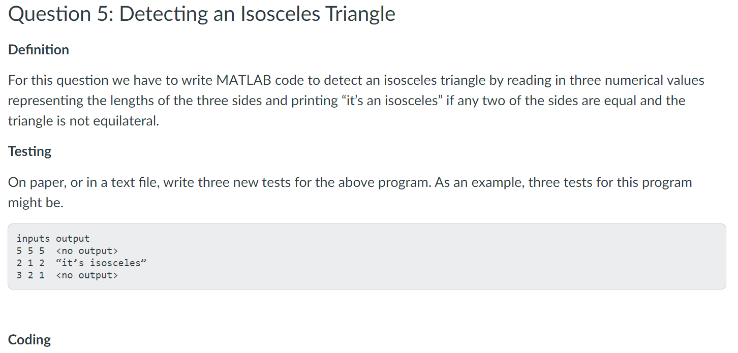 Solved Question 5: Detecting an Isosceles Triangle | Chegg.com