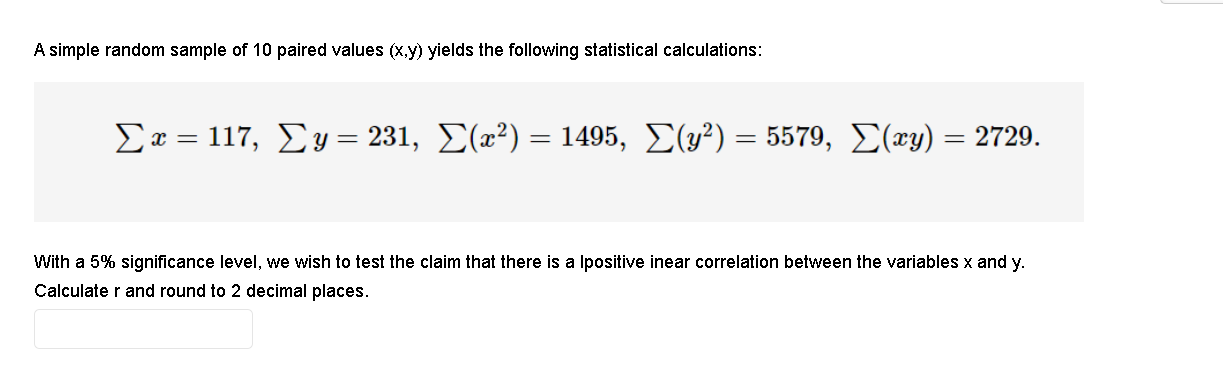 Solved A simple random sample of 10 paired values (x,y) | Chegg.com