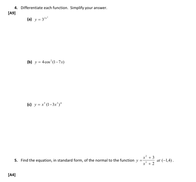 Solved 4. Differentiate each function. Simplify your answer. | Chegg.com