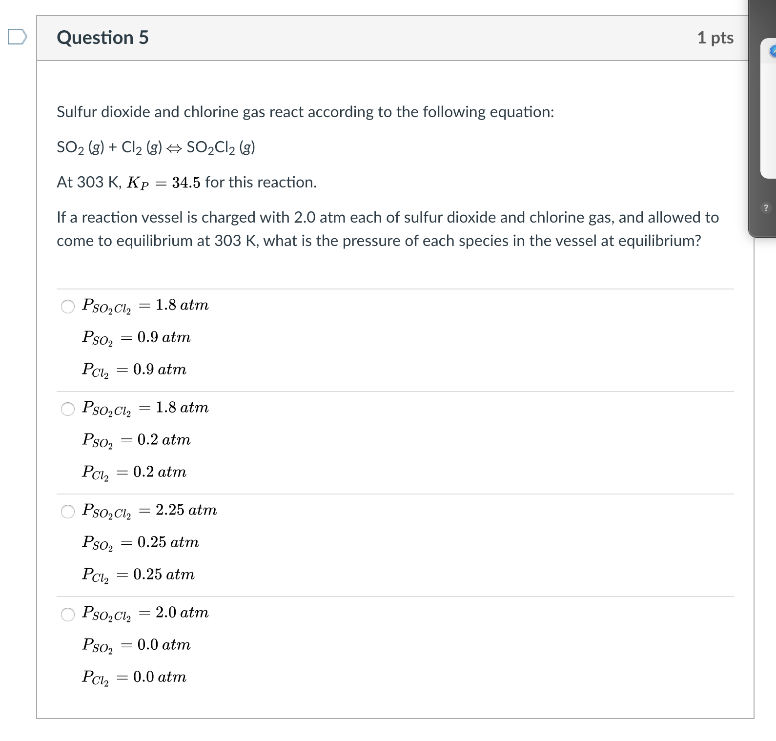 Solved Question 5 1 pts Sulfur dioxide and chlorine gas | Chegg.com