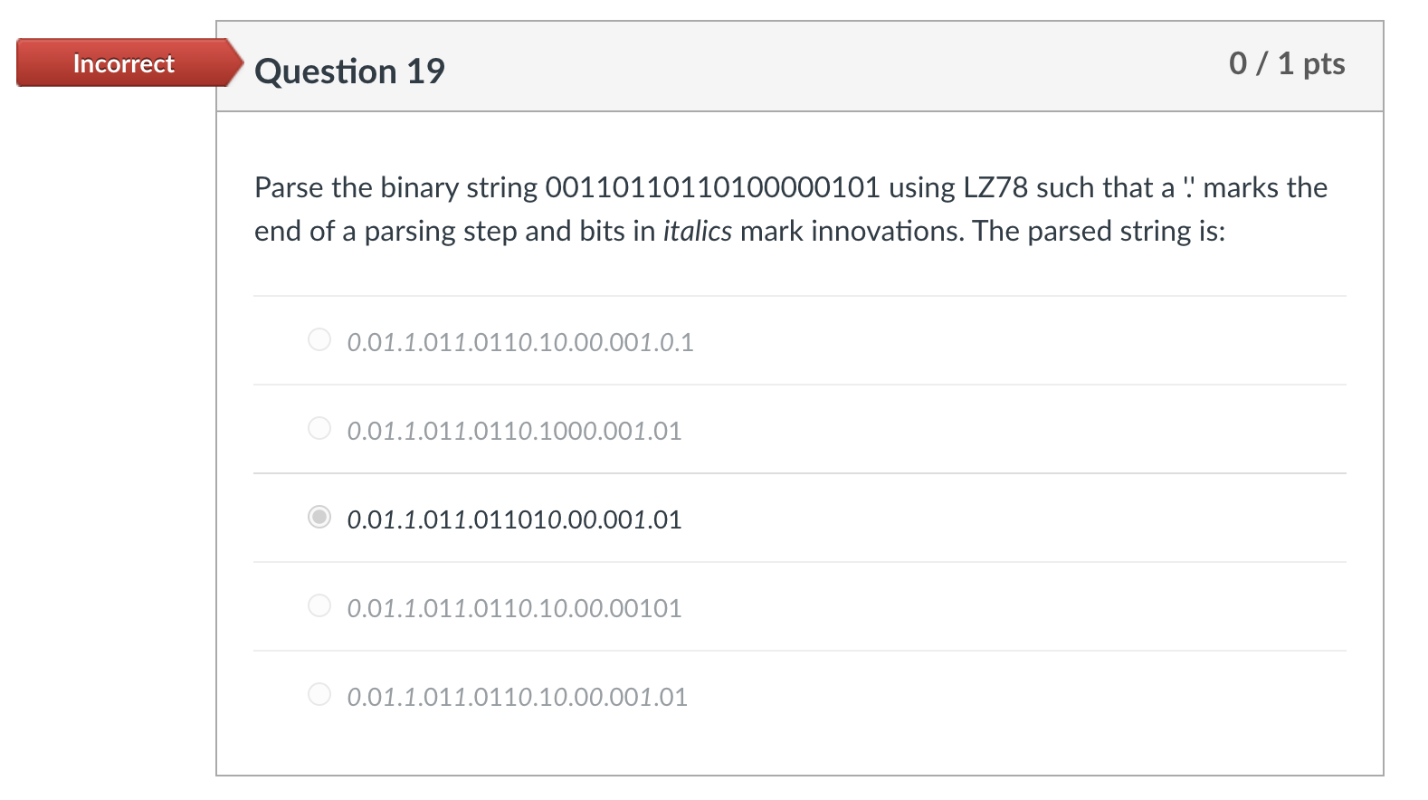 Solved Incorrect Question 19 0 / 1 pts Parse the binary | Chegg.com