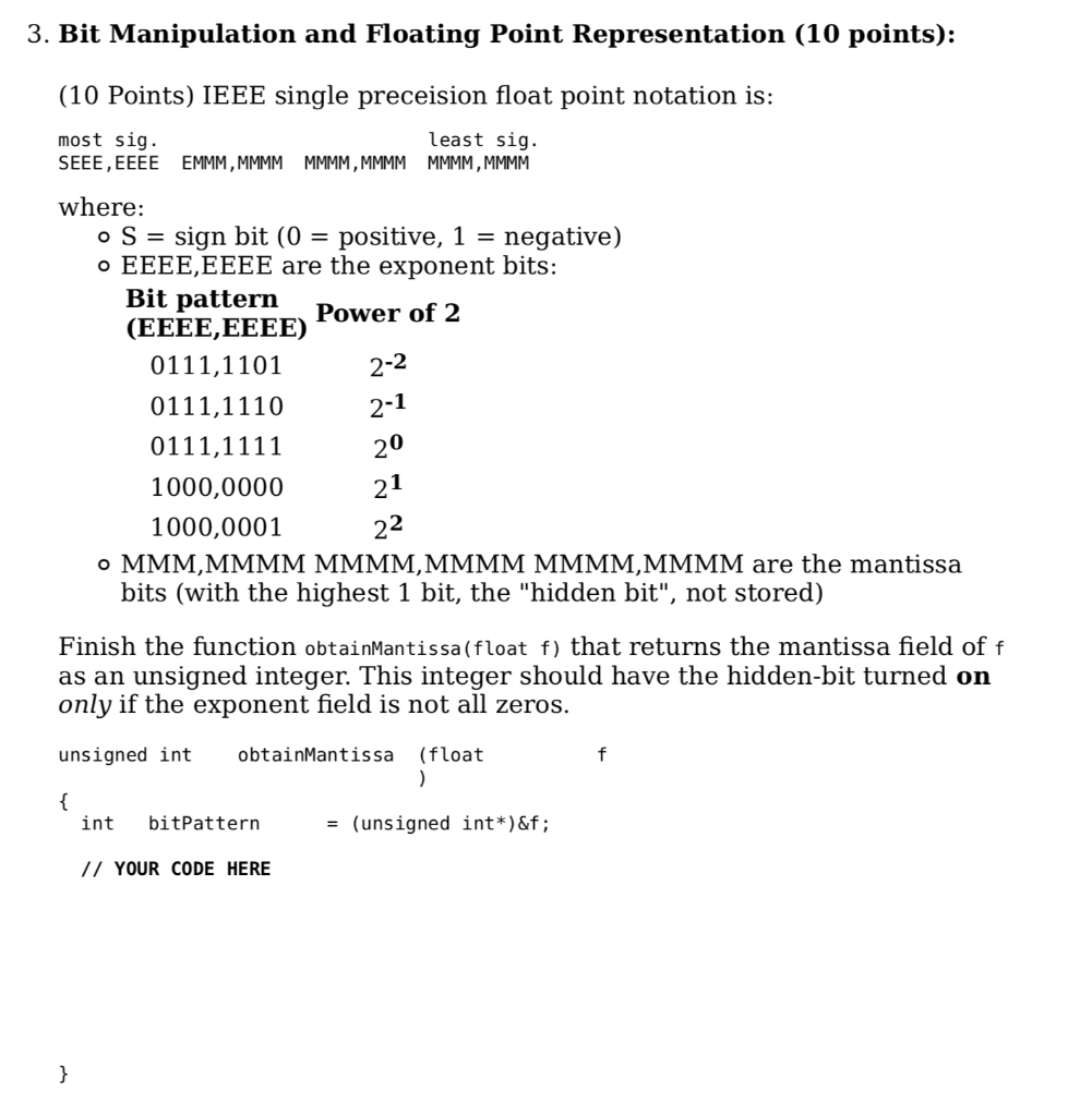 unsigned int obtainMantissa (float f ) | Chegg.com