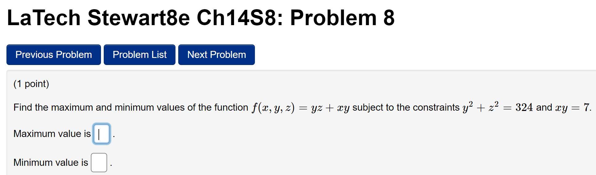 Solved La Tech Stewart8e Ch14S8: Problem 8 Previous Problem | Chegg.com