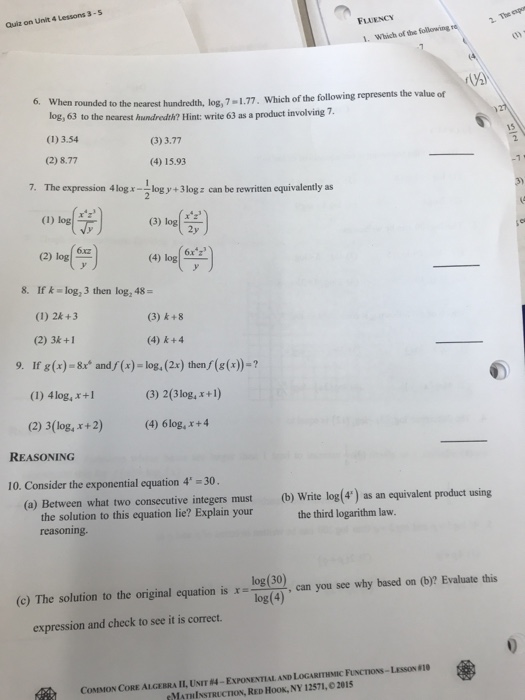 Solved Name Date Logarithm Laws Common Core Algebra Ii