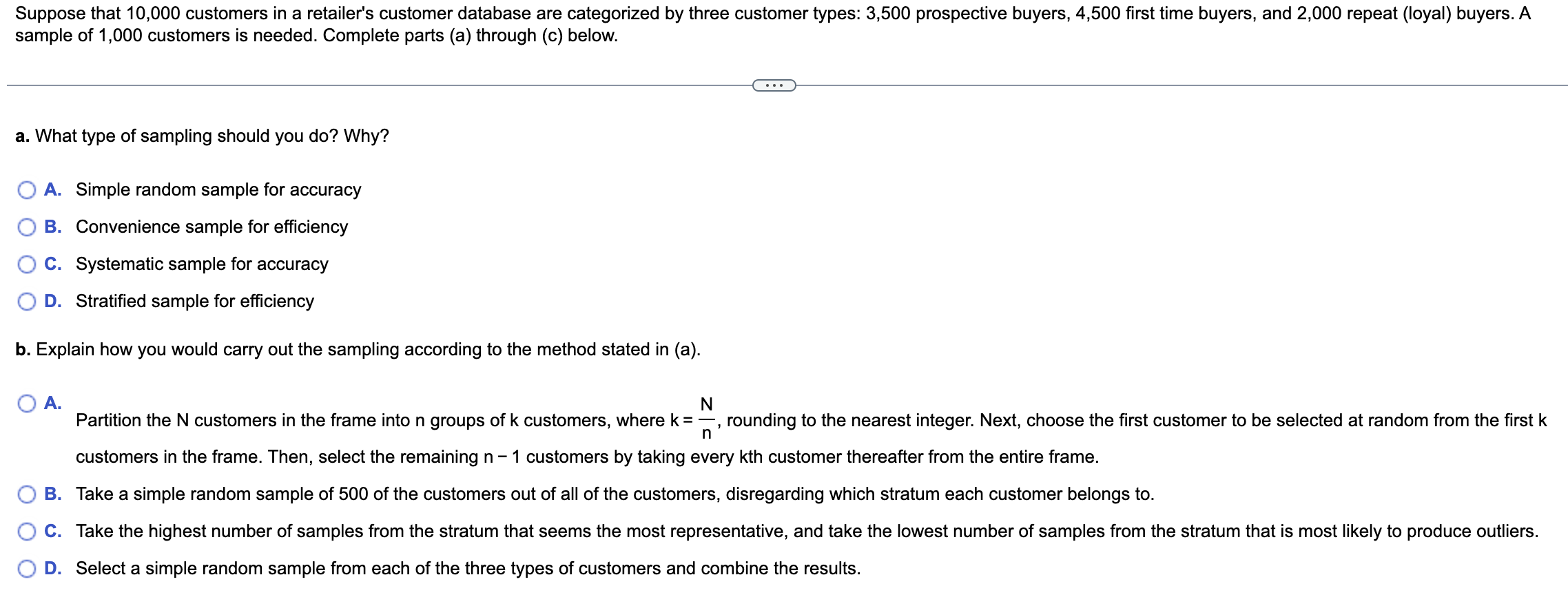 Solved a. What type of sampling should you do? Why? A. | Chegg.com