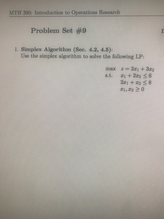 Solved MTH 390: Introduction to Operations Research Problem | Chegg.com