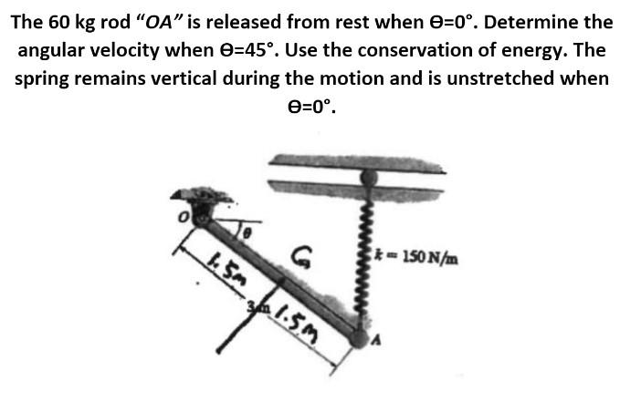 Solved The 60 kg rod "OA" is released from rest when e=0°. | Chegg.com