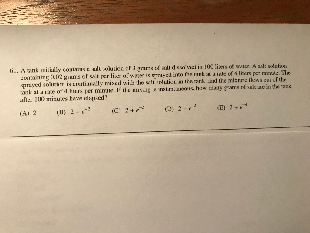Solved 61. A tank initially contains a salt solution of 3 | Chegg.com