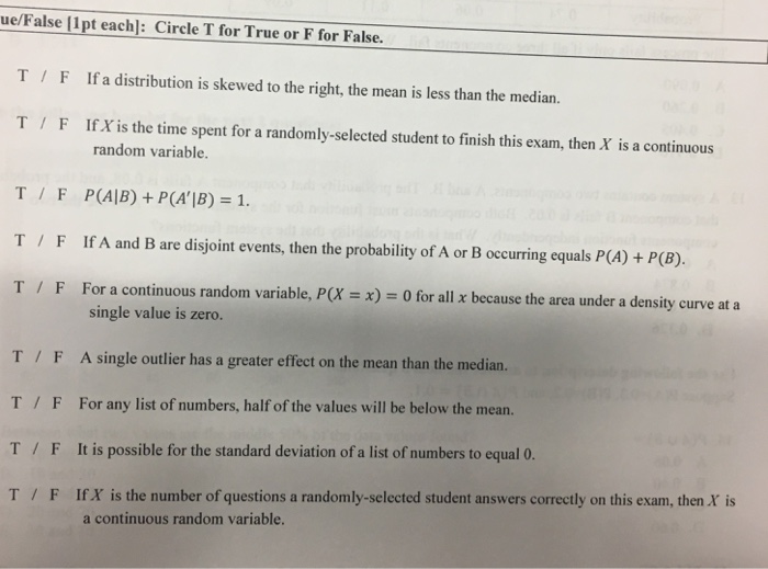 Solved ue/False [1pt each]: Circle T for True or F for | Chegg.com
