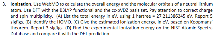 Solved Ionization. Use WebMO to calculate the overall energy | Chegg.com