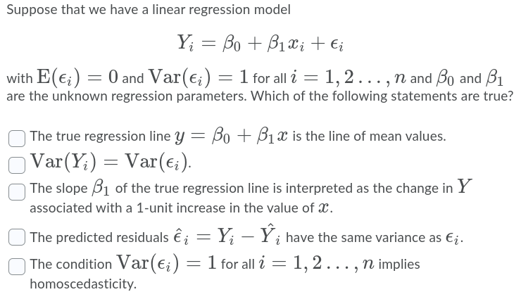 Solved Suppose that we have a linear regression model = Yi = | Chegg.com