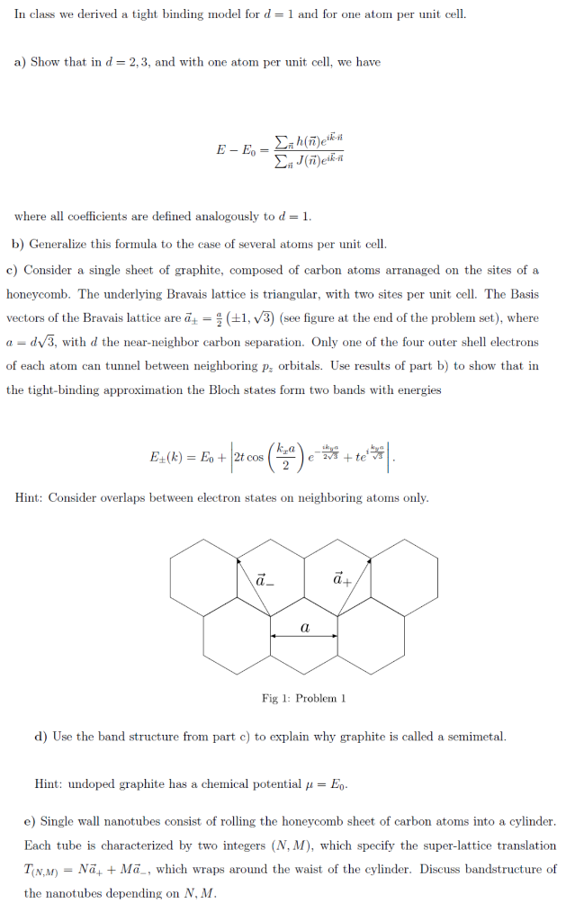 In class we derived a tight binding model for d=1 and | Chegg.com