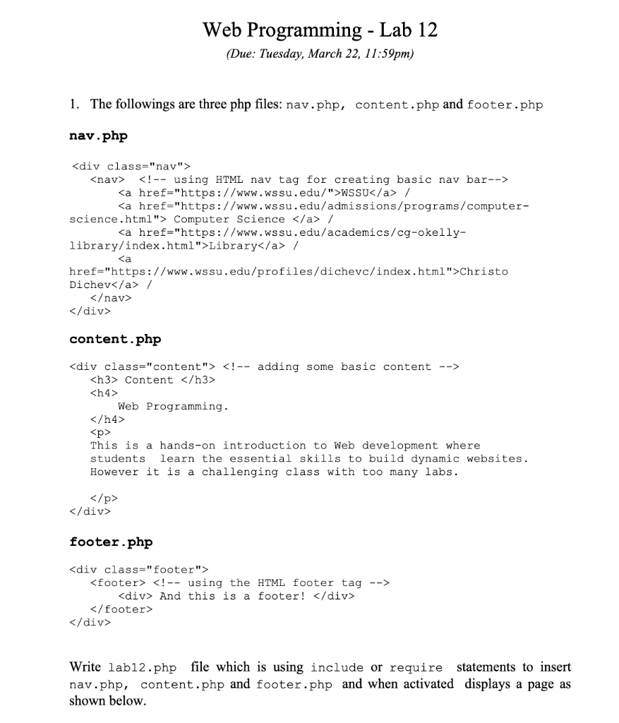 Solved Web Programming - Lab 12 (Due: Tuesday, March 22, | Chegg.com