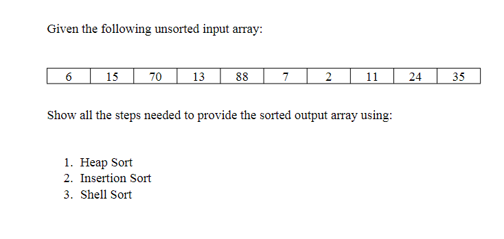 Solved Given the following unsorted input array: 6 15 70 13 | Chegg.com