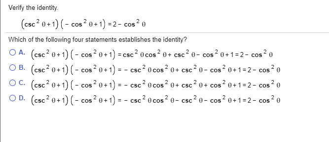 Solved Verify the identity. cot?2x + sec2x– tan 22x= csc22x | Chegg.com