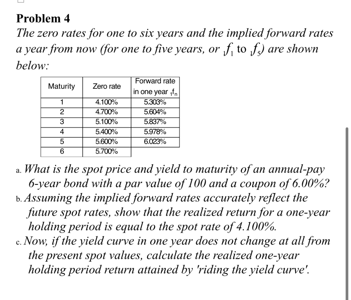 Solved Problem 4 The zero rates for one to six years and the | Chegg.com