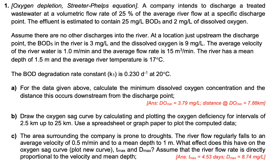 Solved 1. [Oxygen depletion, Streeter-Phelps equation). A | Chegg.com