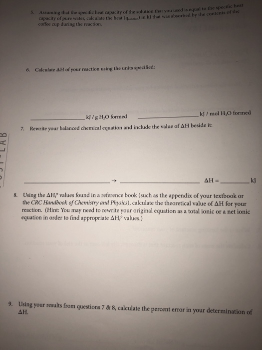 Solved Experiment 8: Calorimetry Hey Guys, I need help | Chegg.com