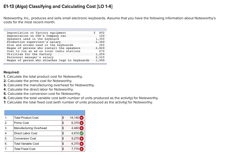 Solved E1-13 (Algo) Classifying and Calculating Cost [LO | Chegg.com