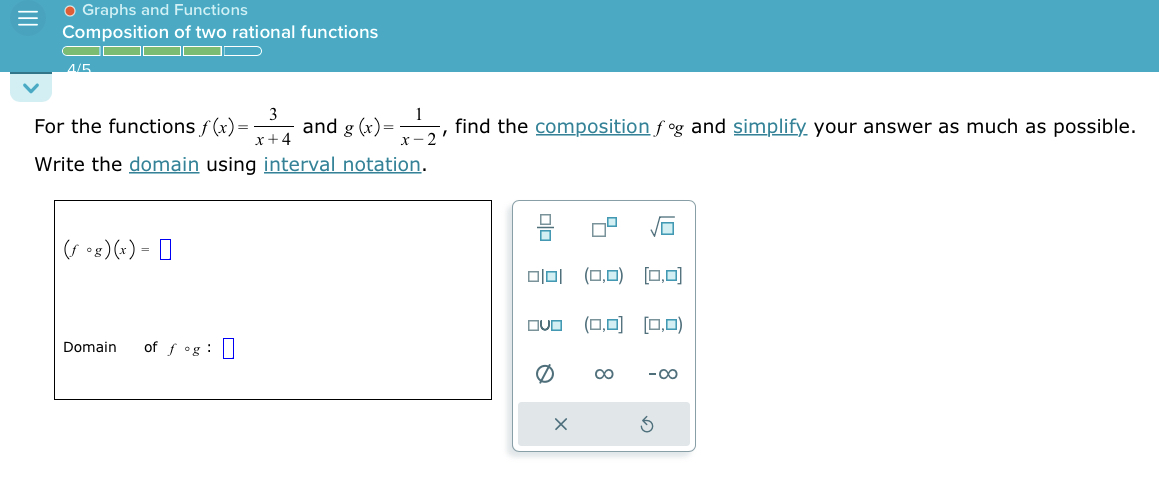 Solved For the functions f(x)=x+43 and g(x)=x−21, find the | Chegg.com