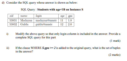 Solved D Consider The Sql Query Whose Answer Is Shown As 