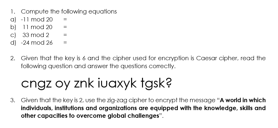 Solved 1. Compute the following equations a) −11mod20= b) | Chegg.com