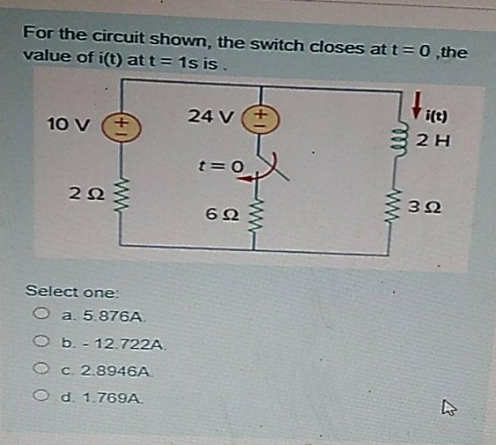 Solved For the circuit shown, the switch closes at t = 0,the | Chegg.com