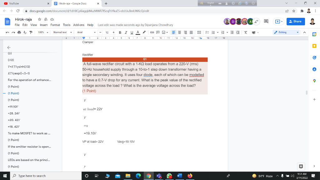 Solved O YouTube X B Hirok-raja - Google Docs + al English - | Chegg.com