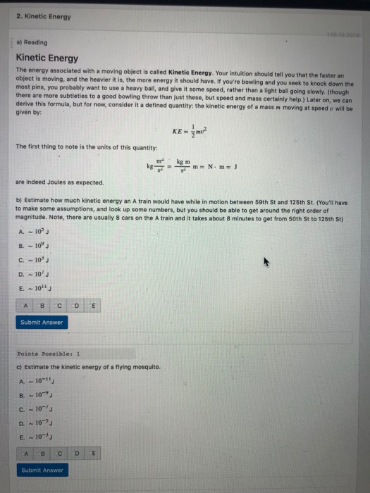 Solved 2. Kinetic Energy a) Reading Kinetic Energy The | Chegg.com