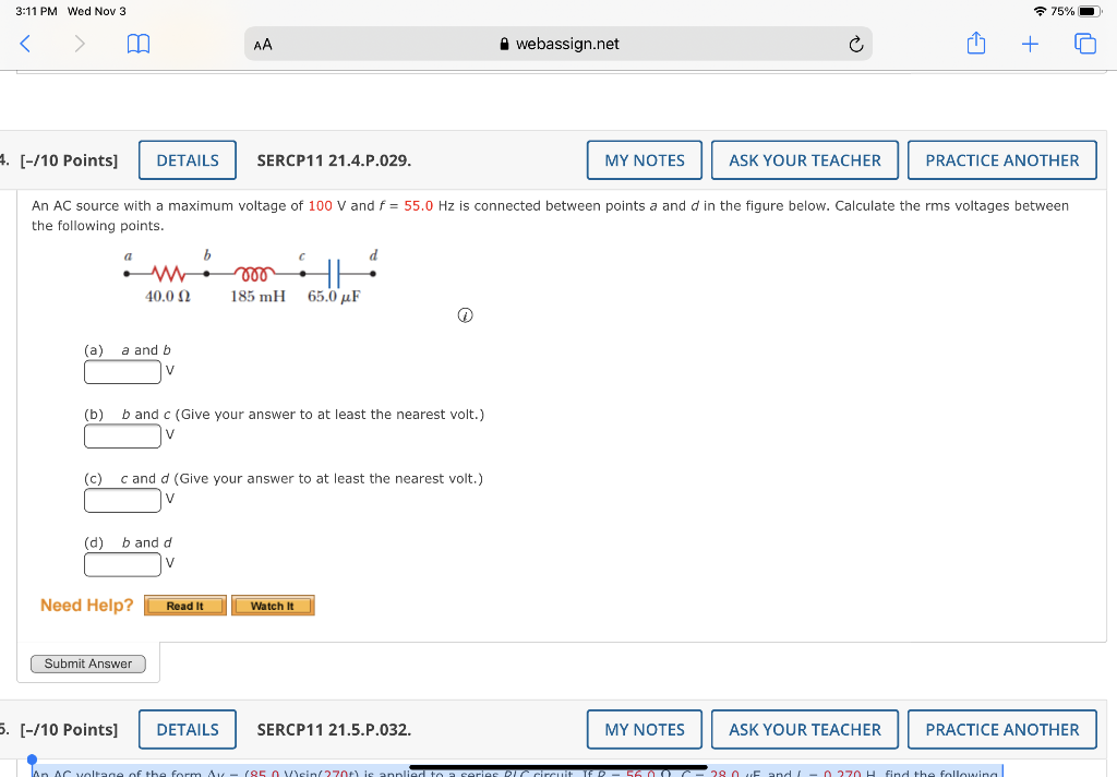 Solved 3:11 PM Wed Nov 3 75% m AA webassign.net 4. [-/10 | Chegg.com
