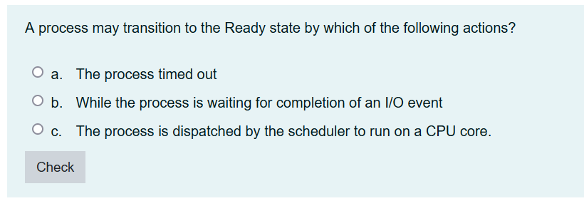 Solved A process may transition to the Ready state by which | Chegg.com