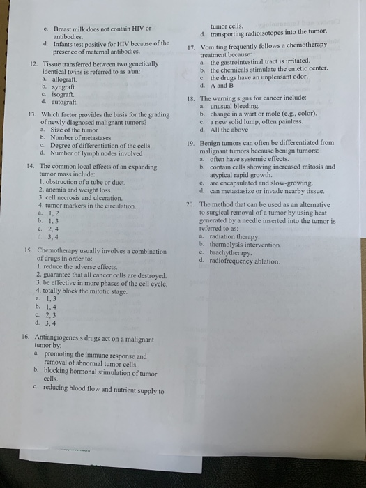 Solved Cancer and Immunology Multiple Choice Identify the | Chegg.com