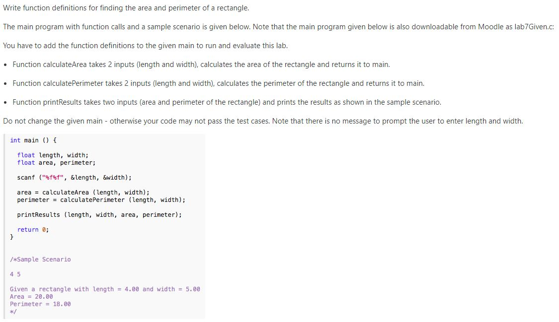 Solved Write function definitions for finding the area and | Chegg.com
