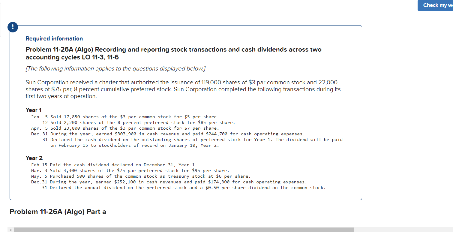 Solved Required information Problem 11-26A (Algo) Recording | Chegg.com