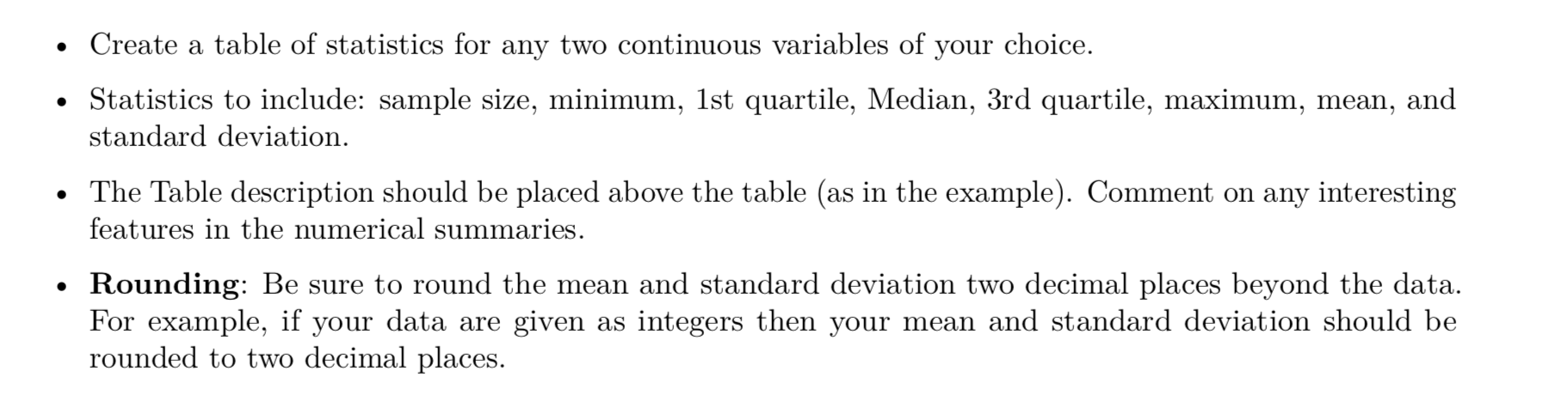 Create a table of statistics for any two continuous | Chegg.com
