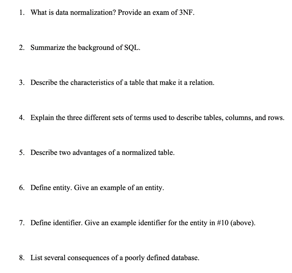 Solved 1. What is data normalization? Provide an exam of | Chegg.com