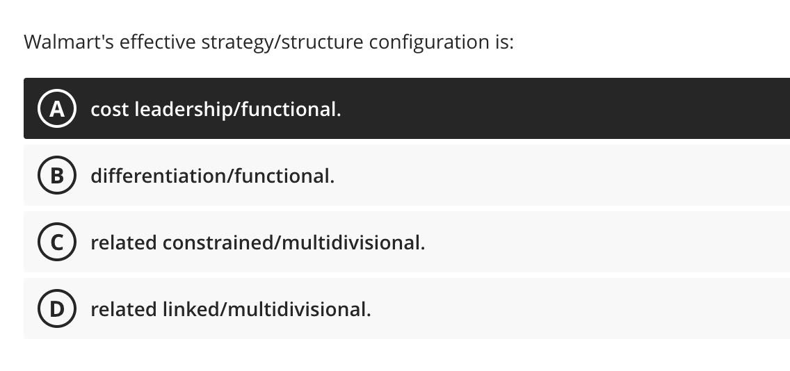 Solved Walmart's effective strategy/structure configuration | Chegg.com