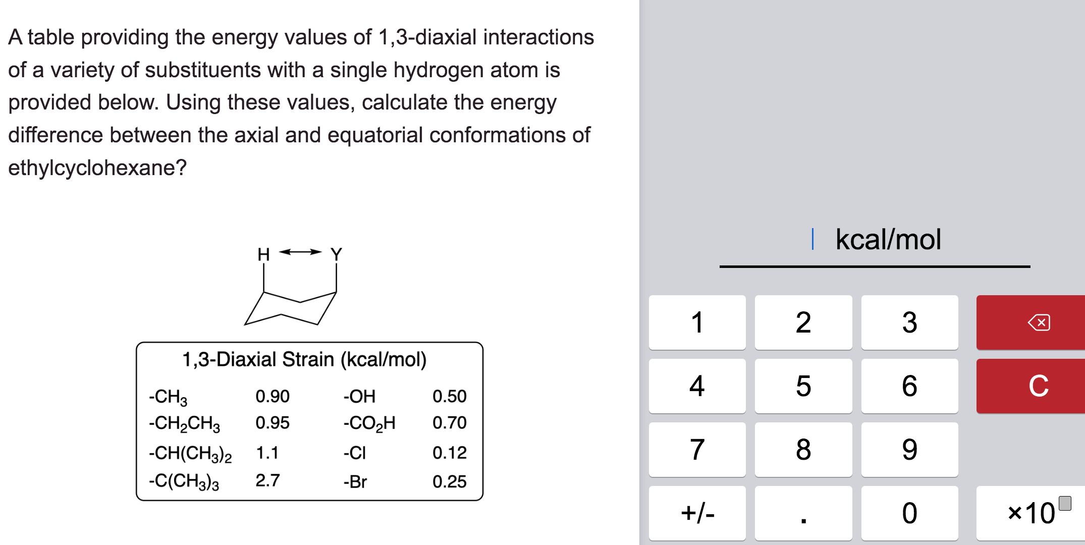 Solved A table providing the energy values of 1,3-diaxial | Chegg.com