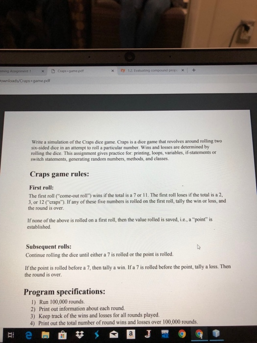 Solved x Craps game pdtf x zy ownloads/Craps+gamepdf Write a | Chegg.com
