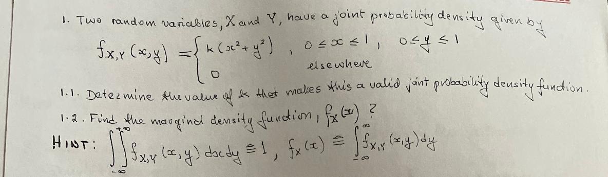 Solved о 스 ) ( 1 elsewhere 1. Two random variables, X and Y | Chegg.com