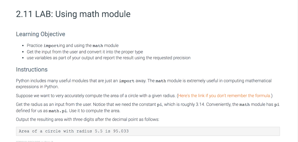 Solved 2.11 LAB: Using math module Learning Objective • | Chegg.com