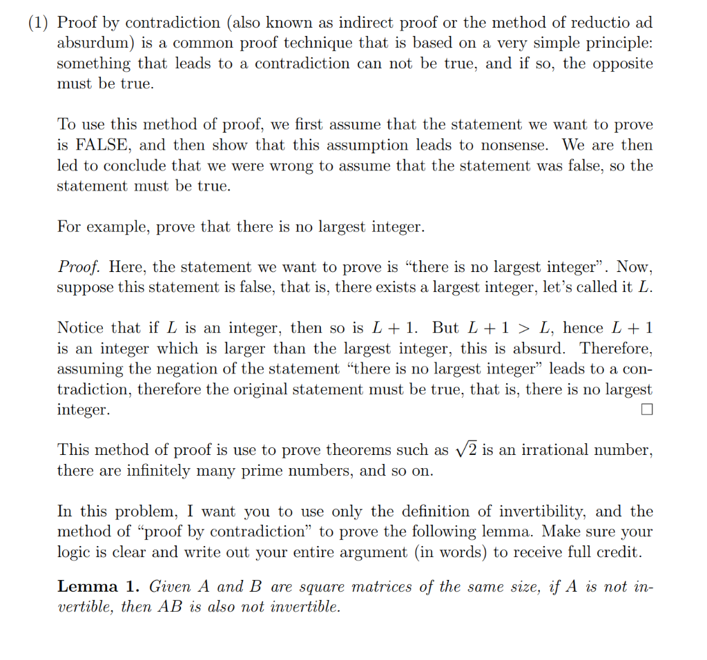 Solved (1) Proof by contradiction (also known as indirect | Chegg.com