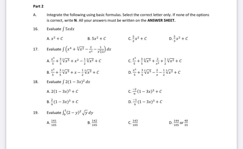 Solved Part 2 A. 16. 17. x2 Integrate the following using | Chegg.com
