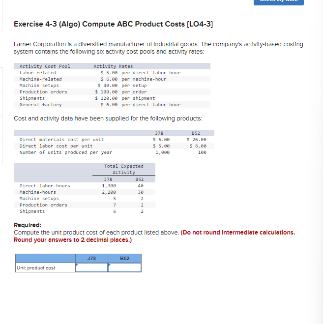 Solved Exercise 4-3 (Algo) ﻿Compute ABC Product Costs | Chegg.com