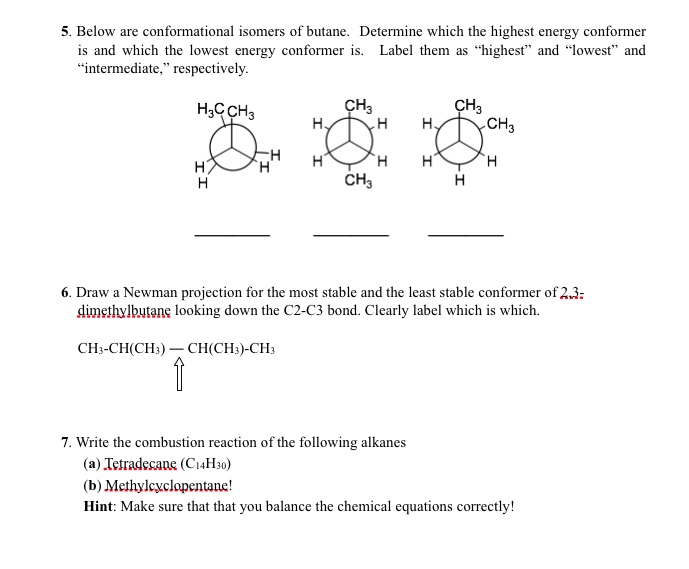 Solved 5. Below are conformational isomers of butane. | Chegg.com