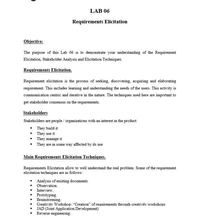 Solved LAB 06 Requirements Elicitation Objective: The | Chegg.com