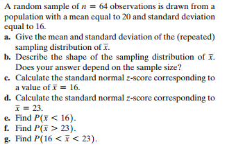 Solved A random sample of n = 64 observations is drawn from | Chegg.com